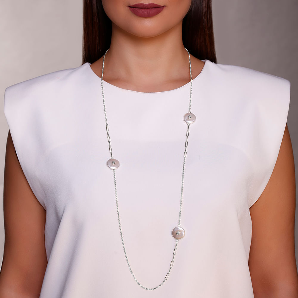 Colar Longo com Pérola e Zircônia | Morana